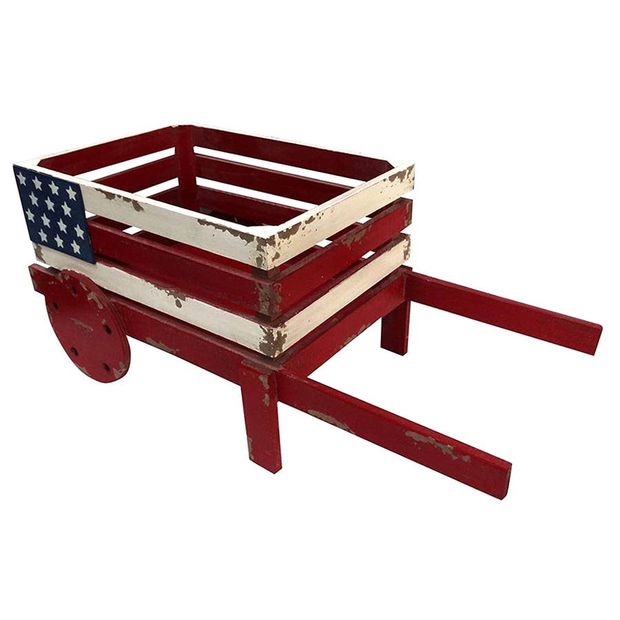 Alpine American Flag Wooden Wheel Barrel Planter