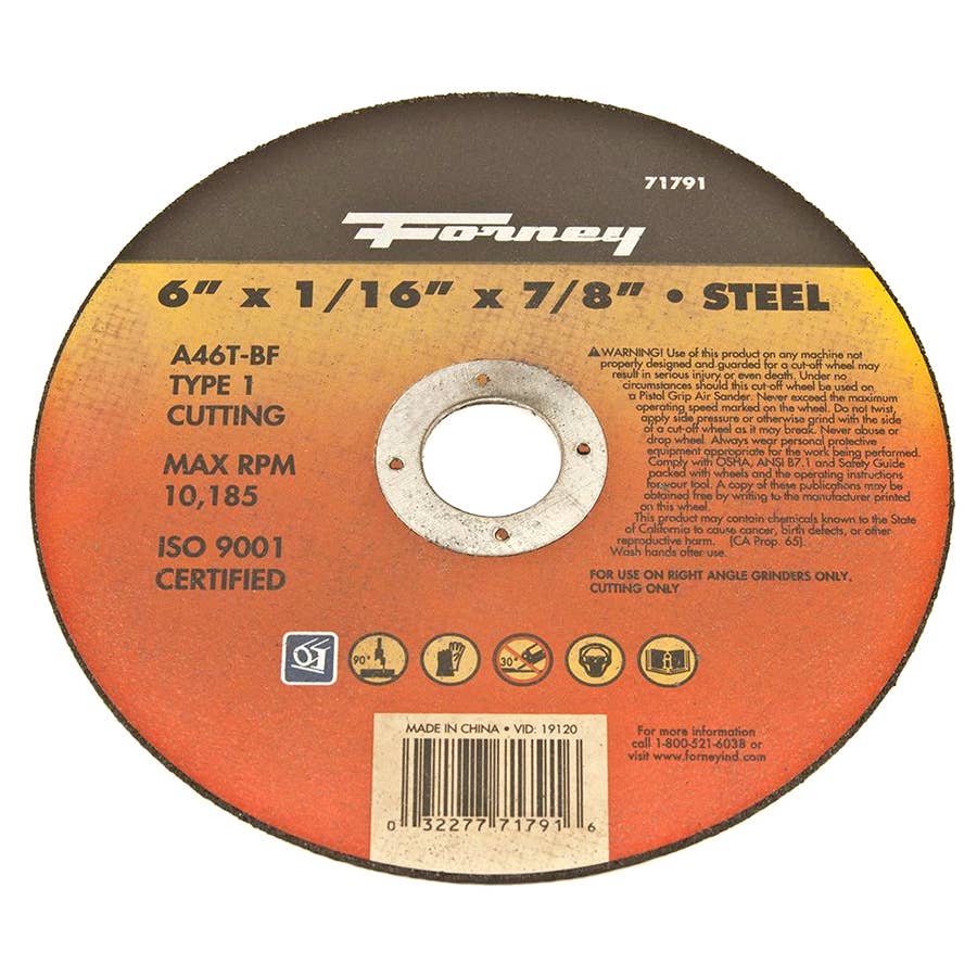 Forney A46T-BF Type 1 Angle Grinder Metal Cut-Off Wheel - 6""