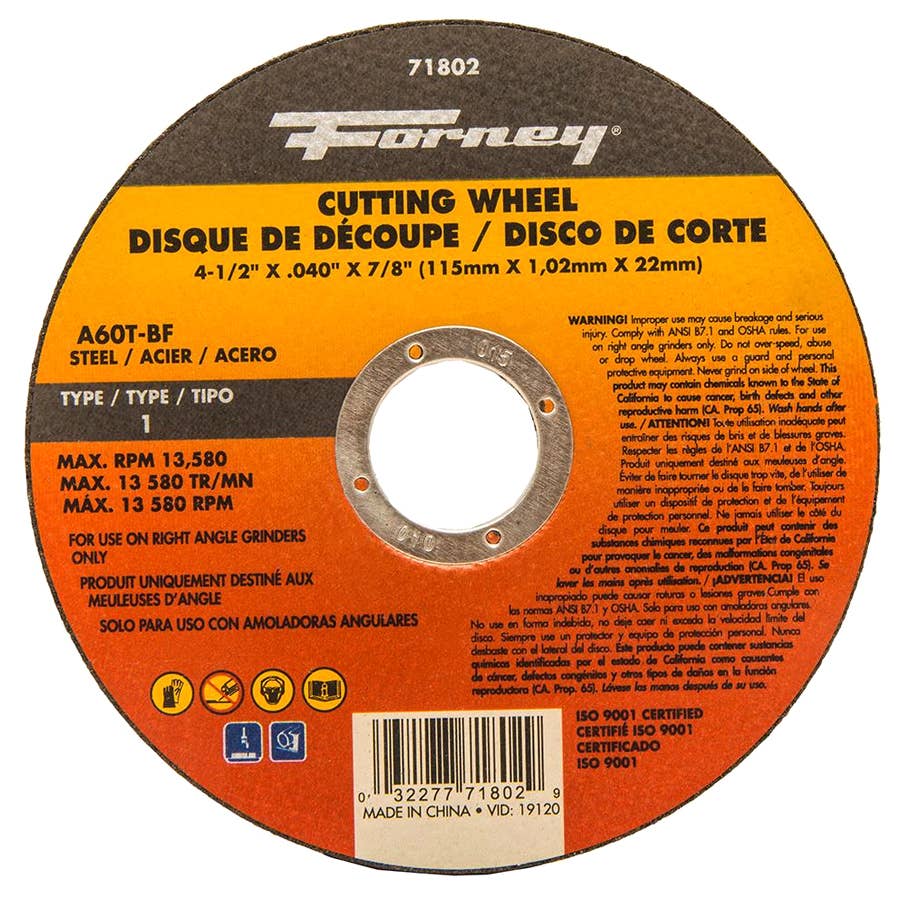 Forney A60T-BF Type 1 Angle Grinder Metal Cut-Off Wheel - 4-1/2""