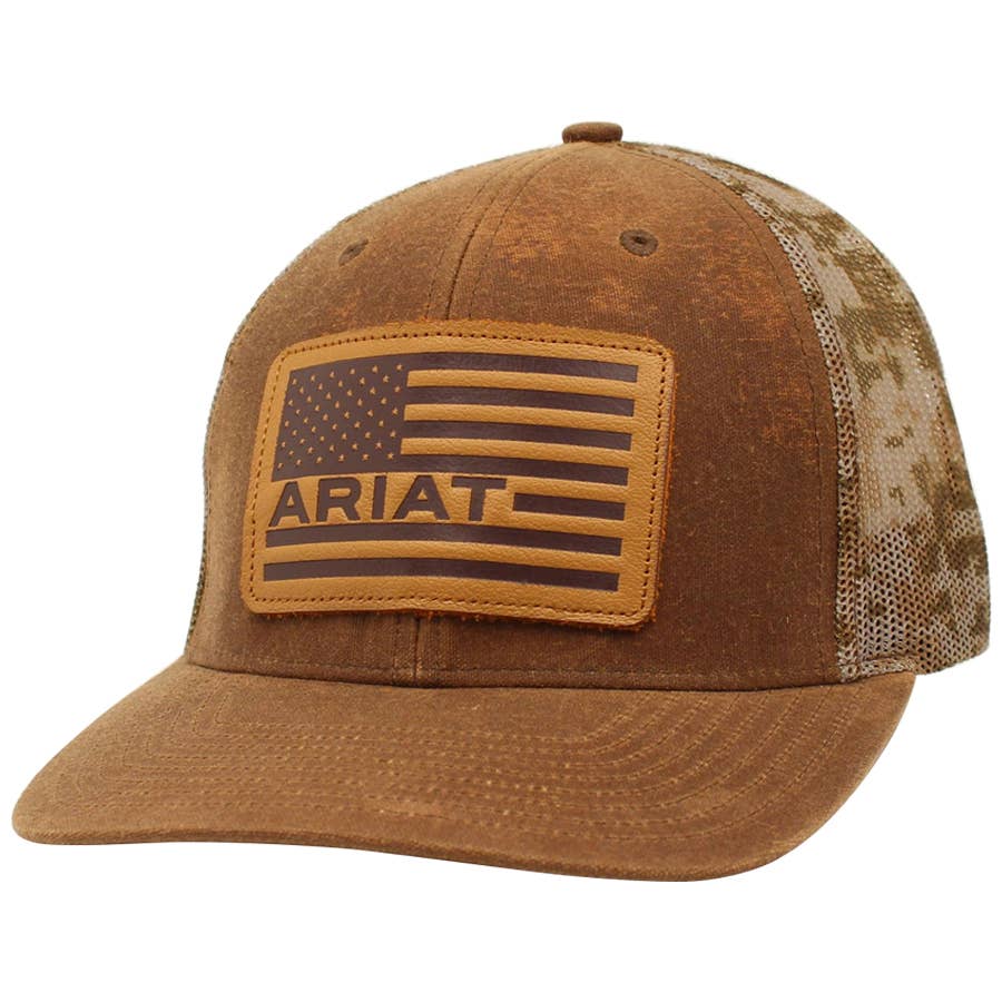 Ariat Men's Leather USA Flag Patch Cap - Brown