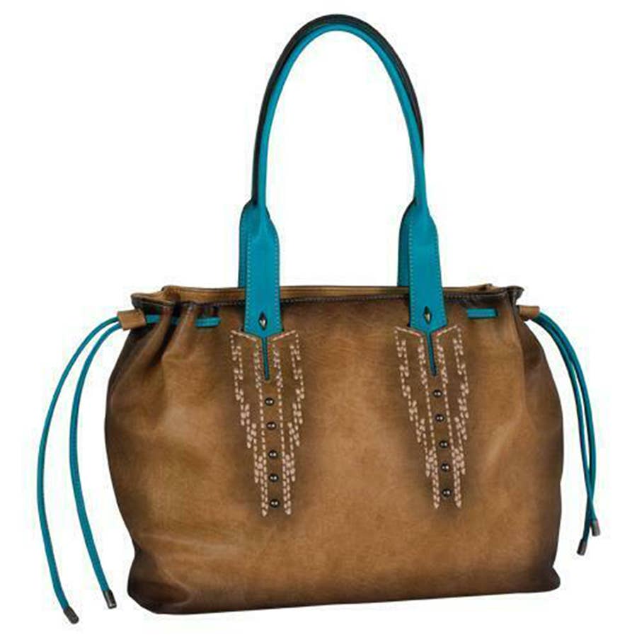 Catchfly Women's Mattison Aztec Stitch Gathered Tote Purse - Brown/Blue