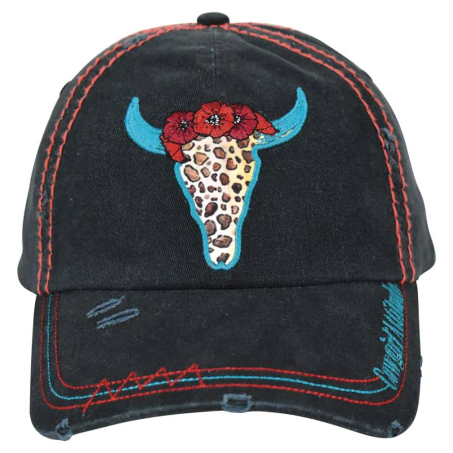 Catchfly Studio Women's Cowgirl Attitude Leopard Cow Skull Baseball Cap