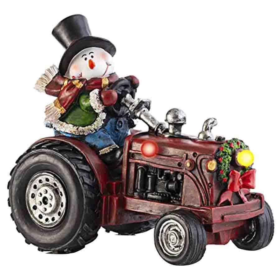 Alpine Snowman on Tractor Decor with Color Changing LED Lights