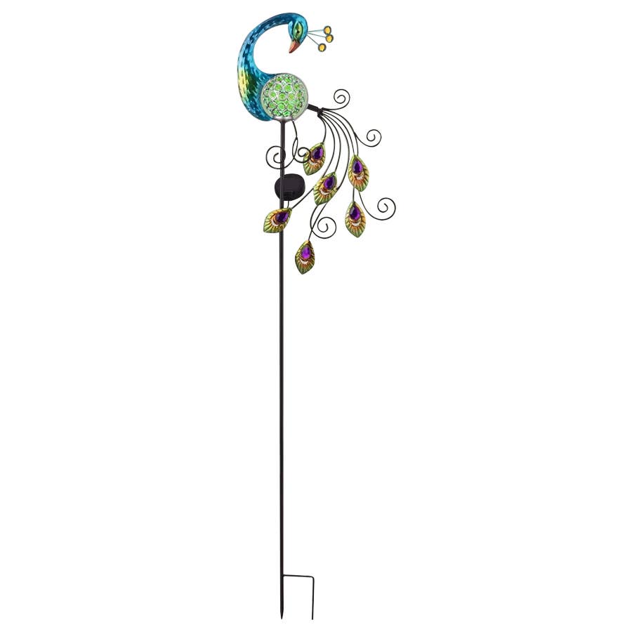 Alpine Solar Peacock with Color Changing LED Lights Garden Stake