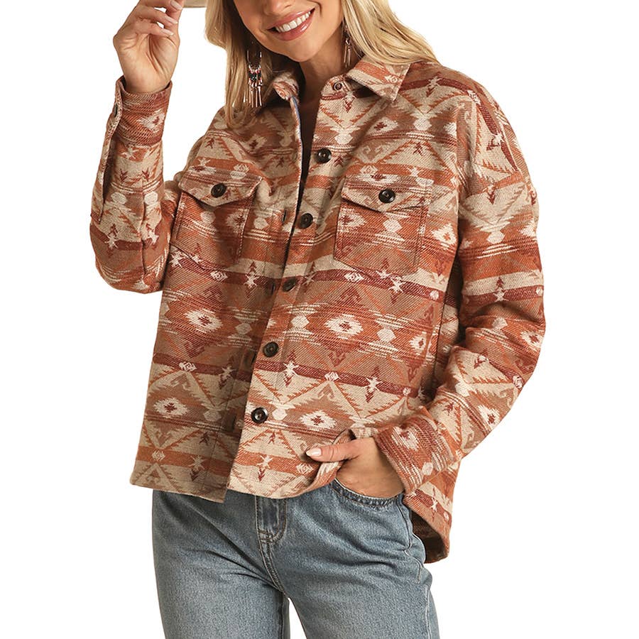 Rock & Roll Denim Women's Boxy Fit Aztec Print Shirt Jacket