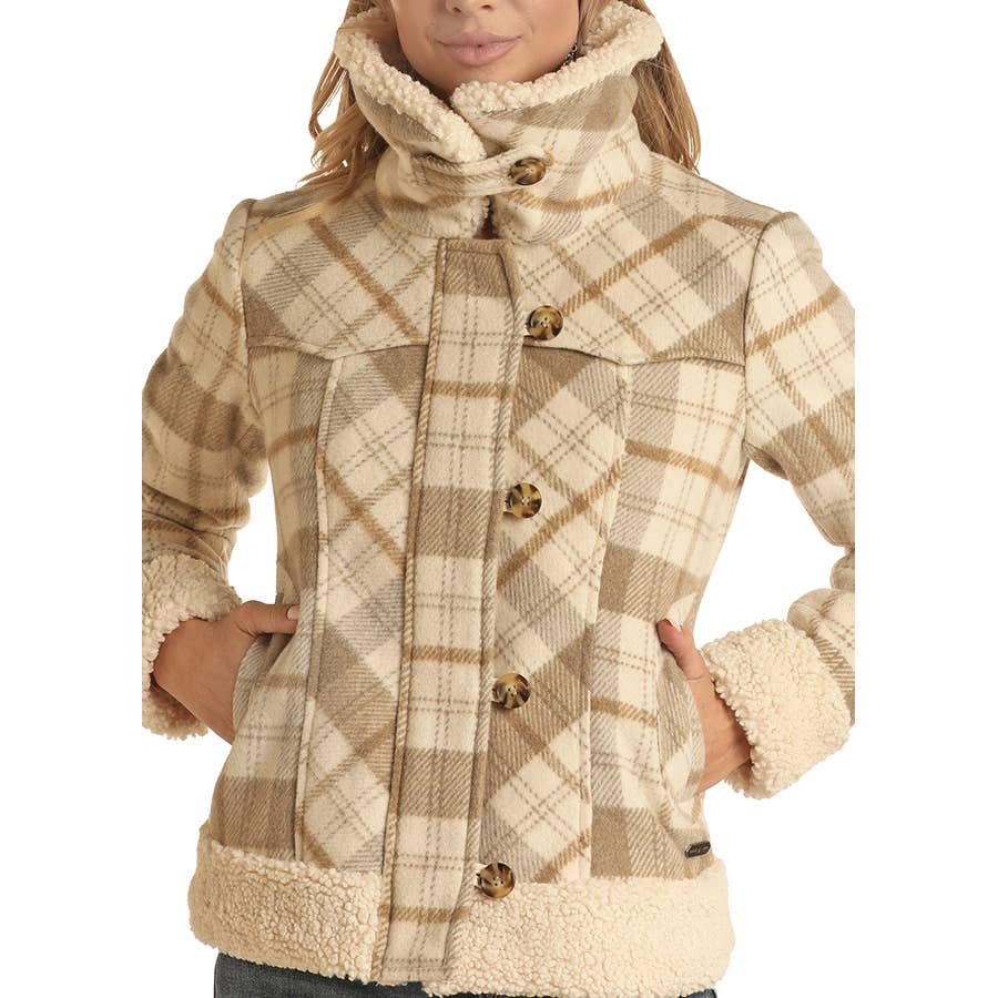 Powder River Outfitter Women's Plaid Wool Coat w/Berber Collar & Cuffs