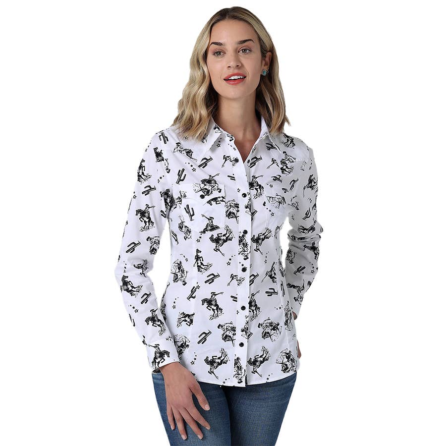 Wrangler Women's Long Sleeve Western Cowboy Print Shirt
