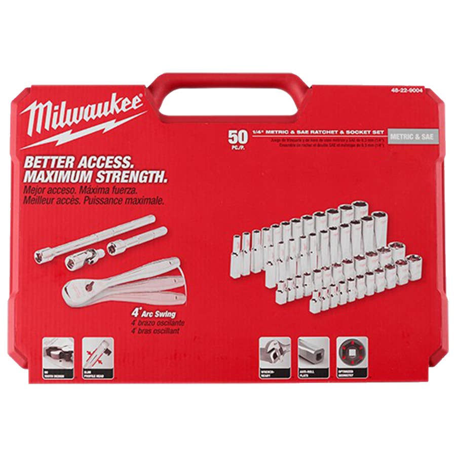 Milwaukee SAE/Metric 50 pcs 1/4" Drive Ratchet and Socket Set with FOUR ...
