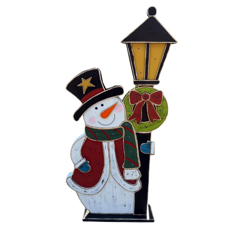 Backyard Expressions Chunky Wooden Snowman/Lantern with Lights and Timer