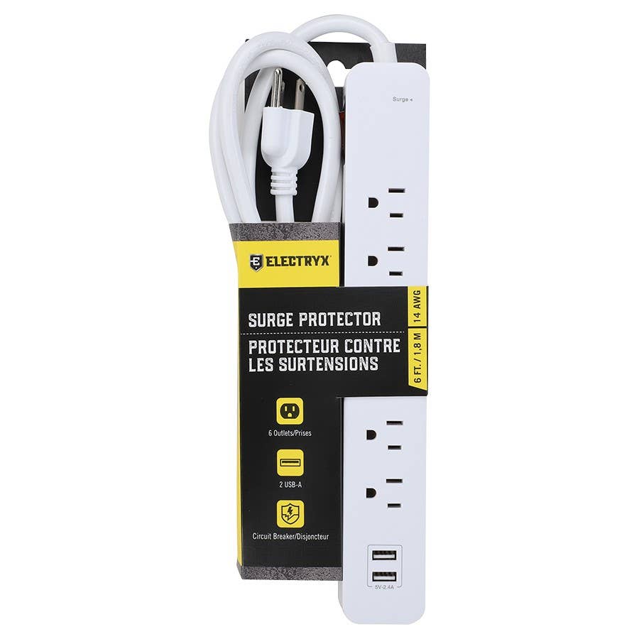 Electryx 6-Outlets/2-USB Surge Protector Strip with Cord