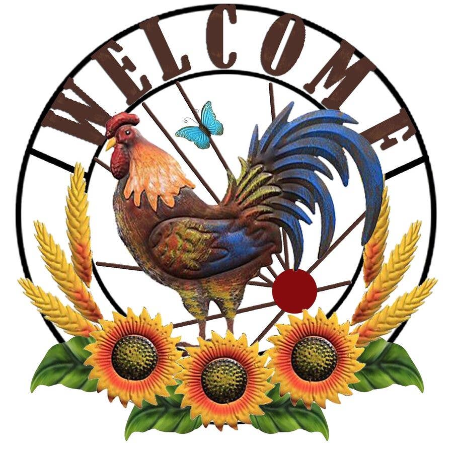 Backyard Expressions Rooster Decor w/Wheat Welcome Wheel
