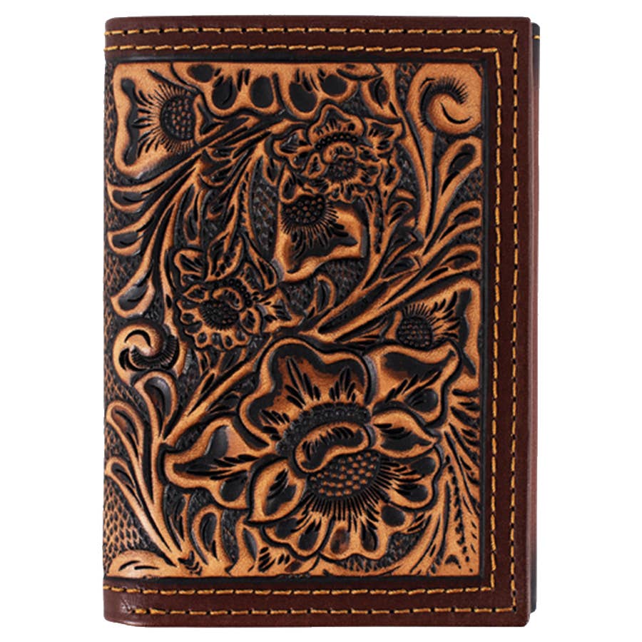 Justin Men's Genuine Leather Trifold Wallet with Floral Tooling