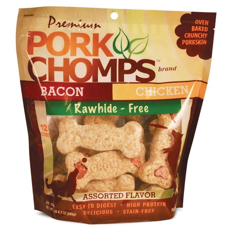 Premium Pork Chomps Assorted Flavor 4"" Crunchy Bones - 12 Pack